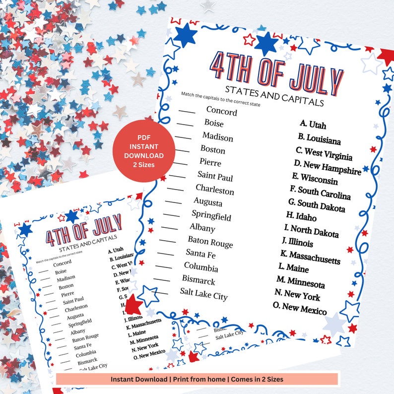 States and Capitals 4th of July Game | Independence Day Printable Games ...
