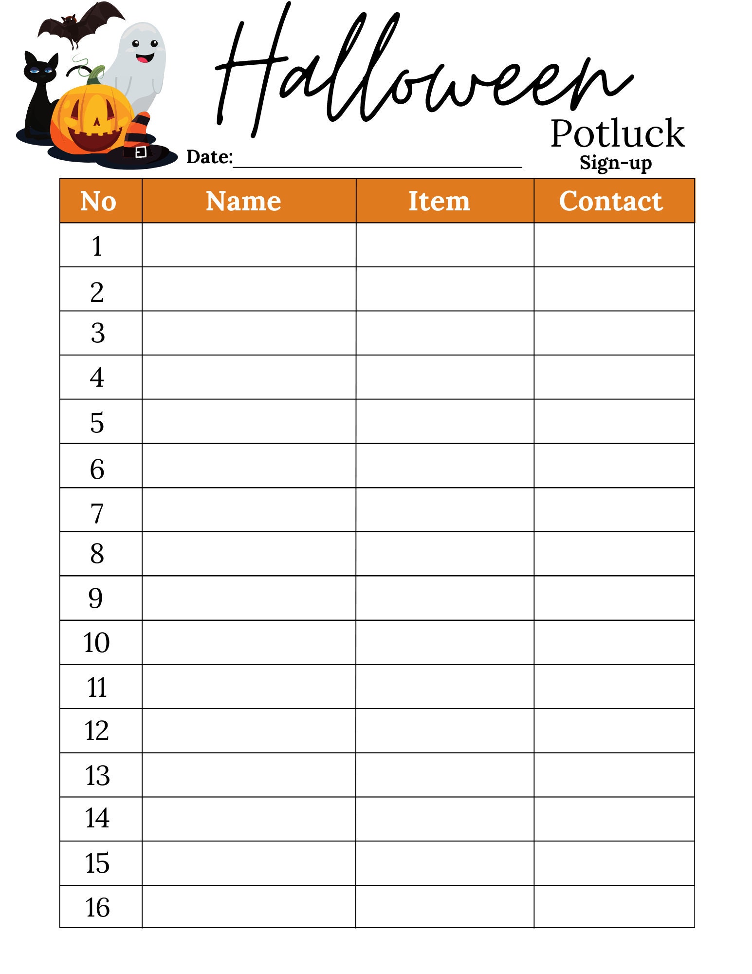 Potluck Sign up Sheet | Halloween Day Potluck Sign up Sheet | Potluck ...