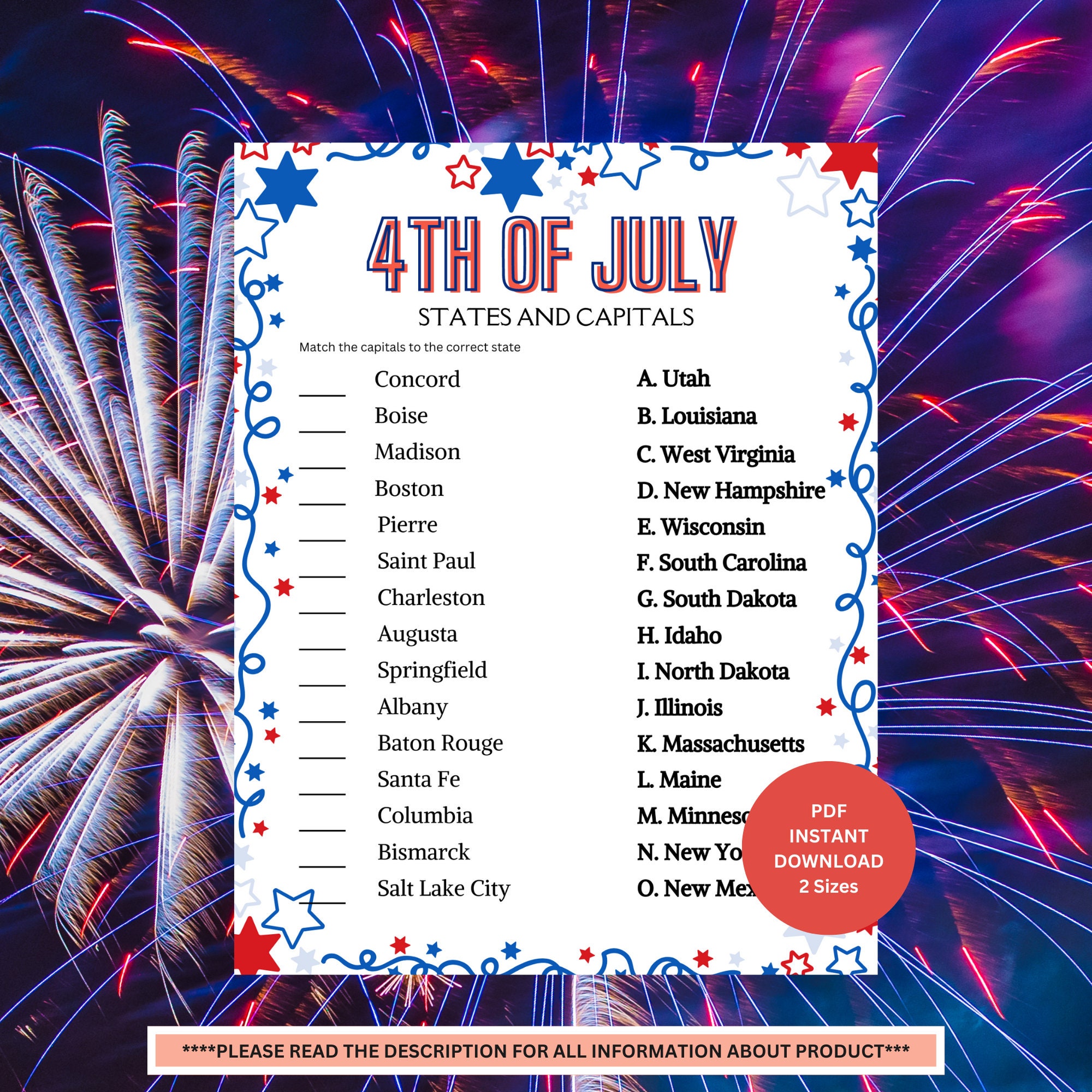 States and Capitals 4th of July Game | Independence Day Printable Games ...
