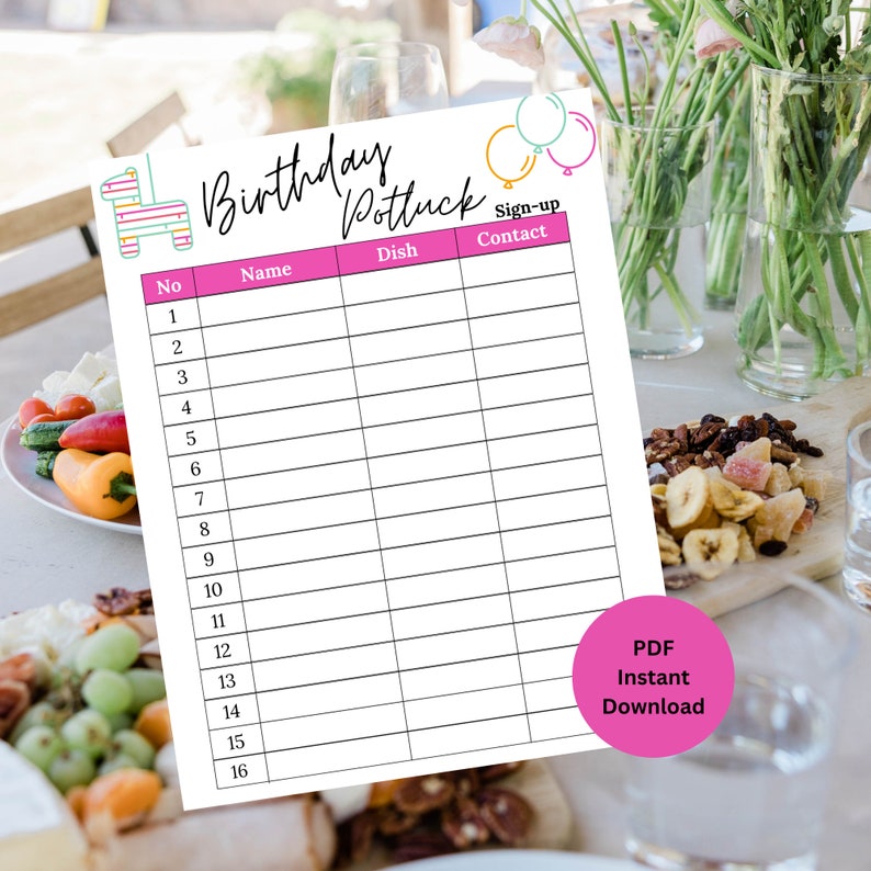 Potluck Sign up Sheet | Birthday Potluck Sign up Sheet | Birthday ...
