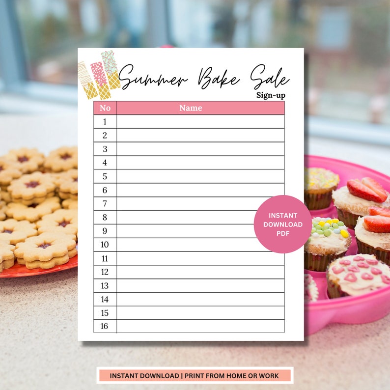 Summer Bake Sale Sign up Sheet | Bake Sale Sheet | Printable Bake Sale ...