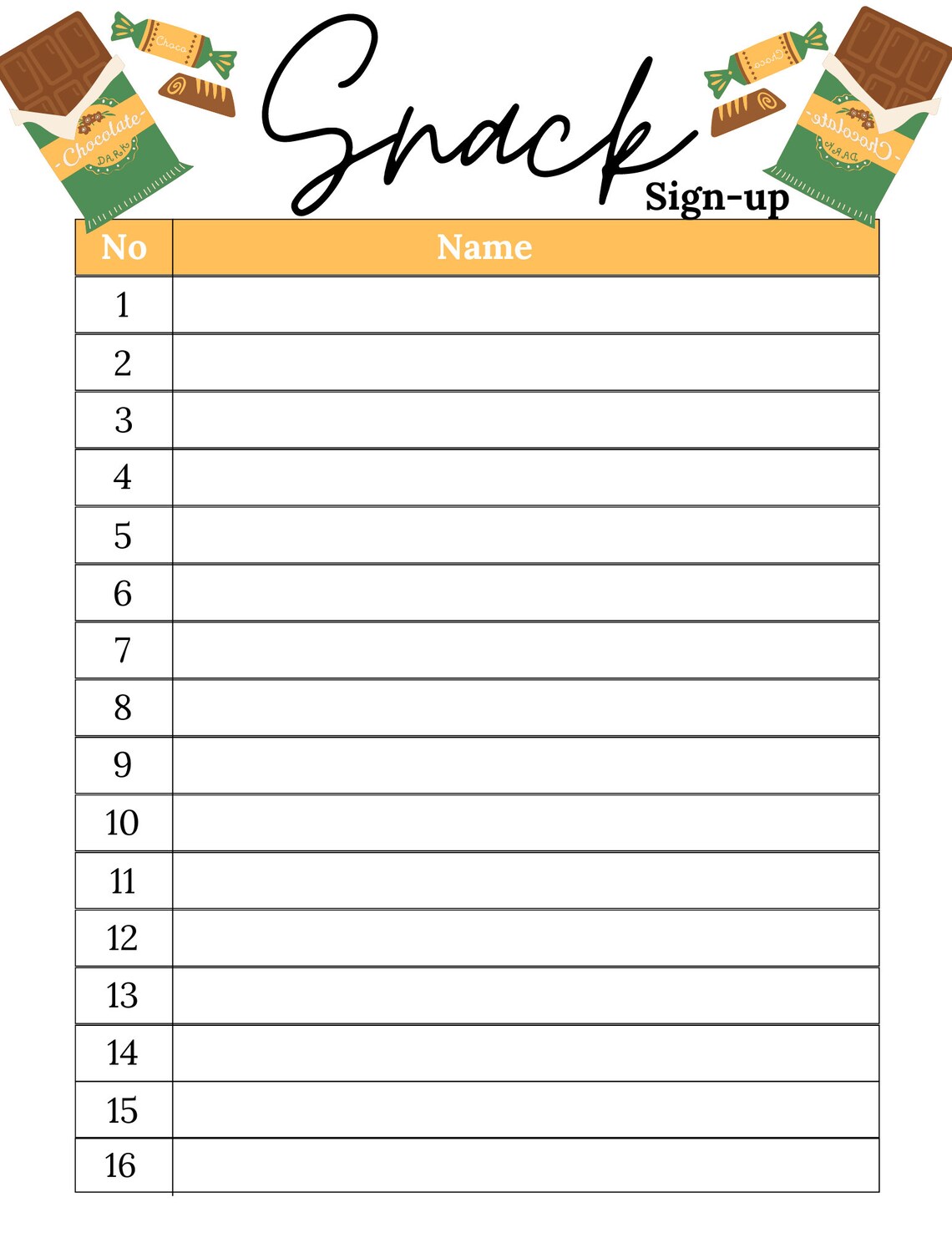 Snack Sign up Sheet Snack Party Sign up Sheet Printable Snack Sign up ...