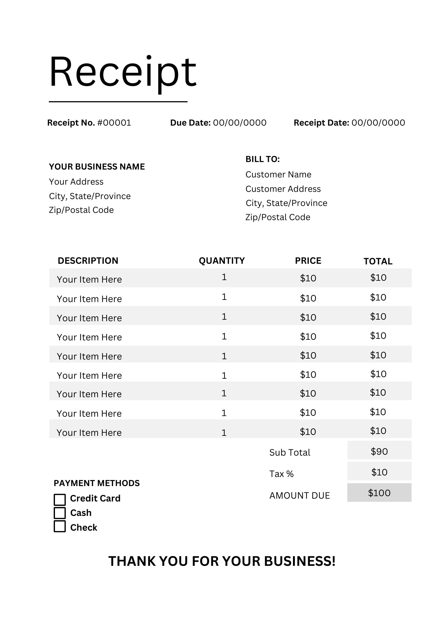 Receipt Template | Editable Receipt Template | Receipt Template for ...