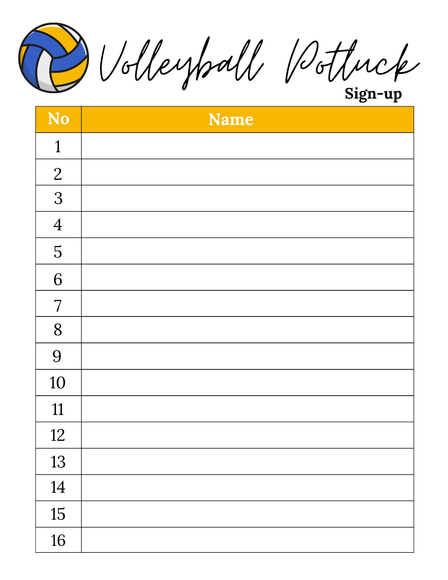 Volleyball Potluck Sign up Sheet | Volleyball Potluck Sheet | Sports ...
