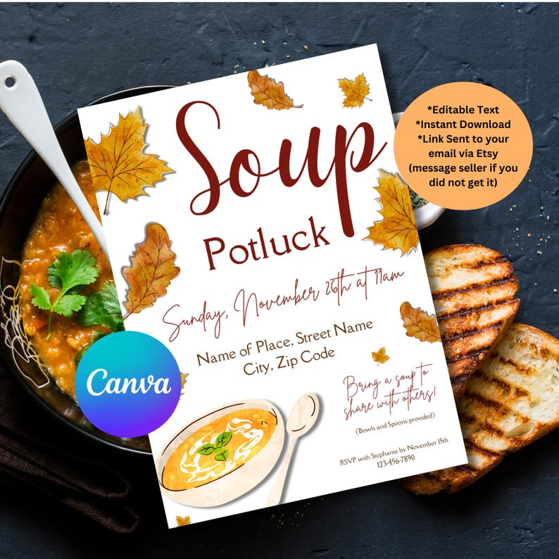 Soup Potluck Party Invite Template | Editable Soup Potluck | Fall Soup ...