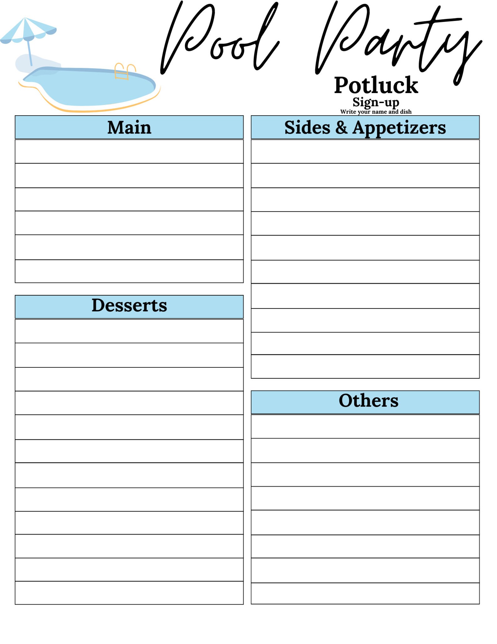 Potluck Sign up Sheet | Pool Party Potluck Sign up Sheet | Pool Potluck ...