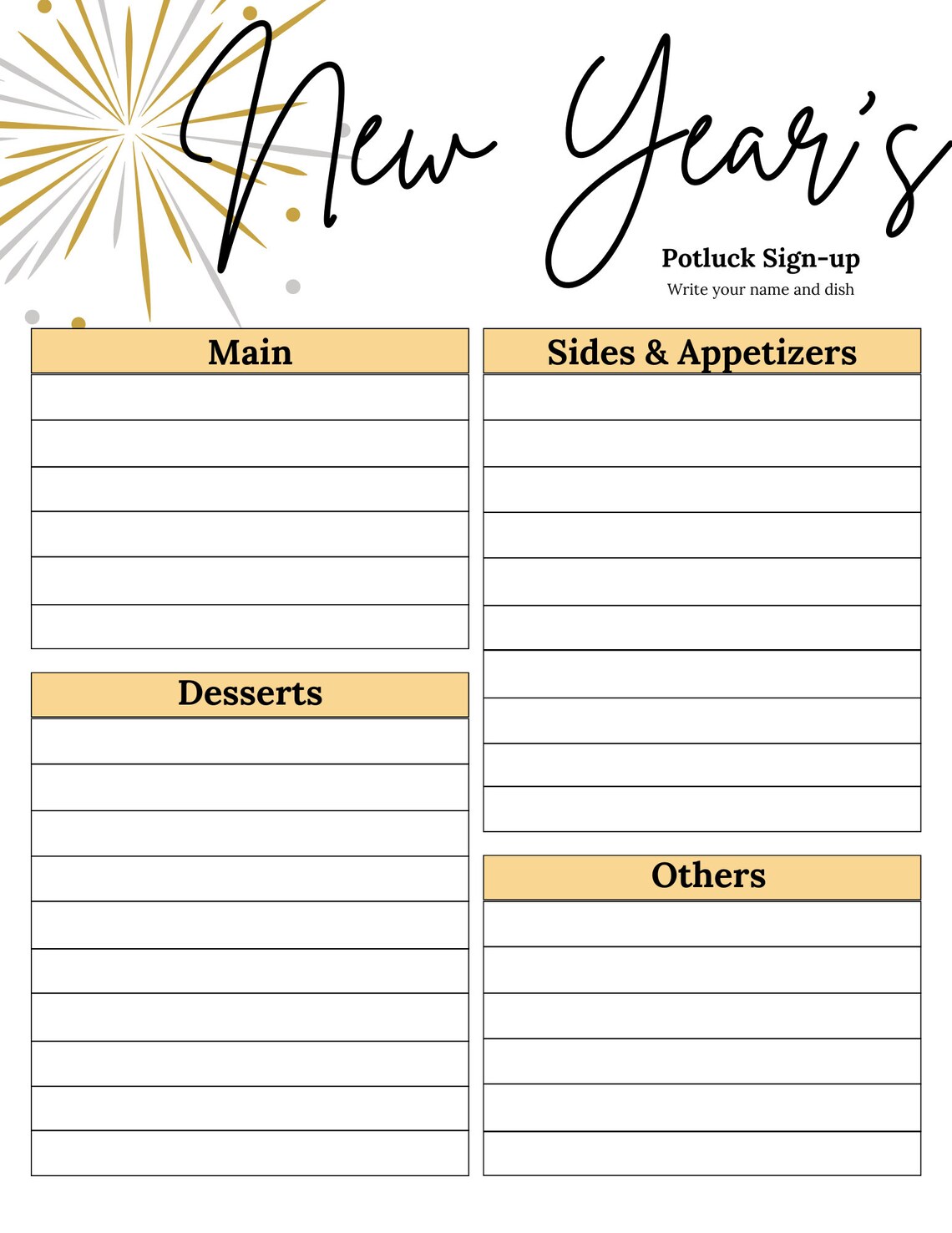 Potluck Sign up Sheet | New Years Potluck Sign up Sheet | New Years Eve ...