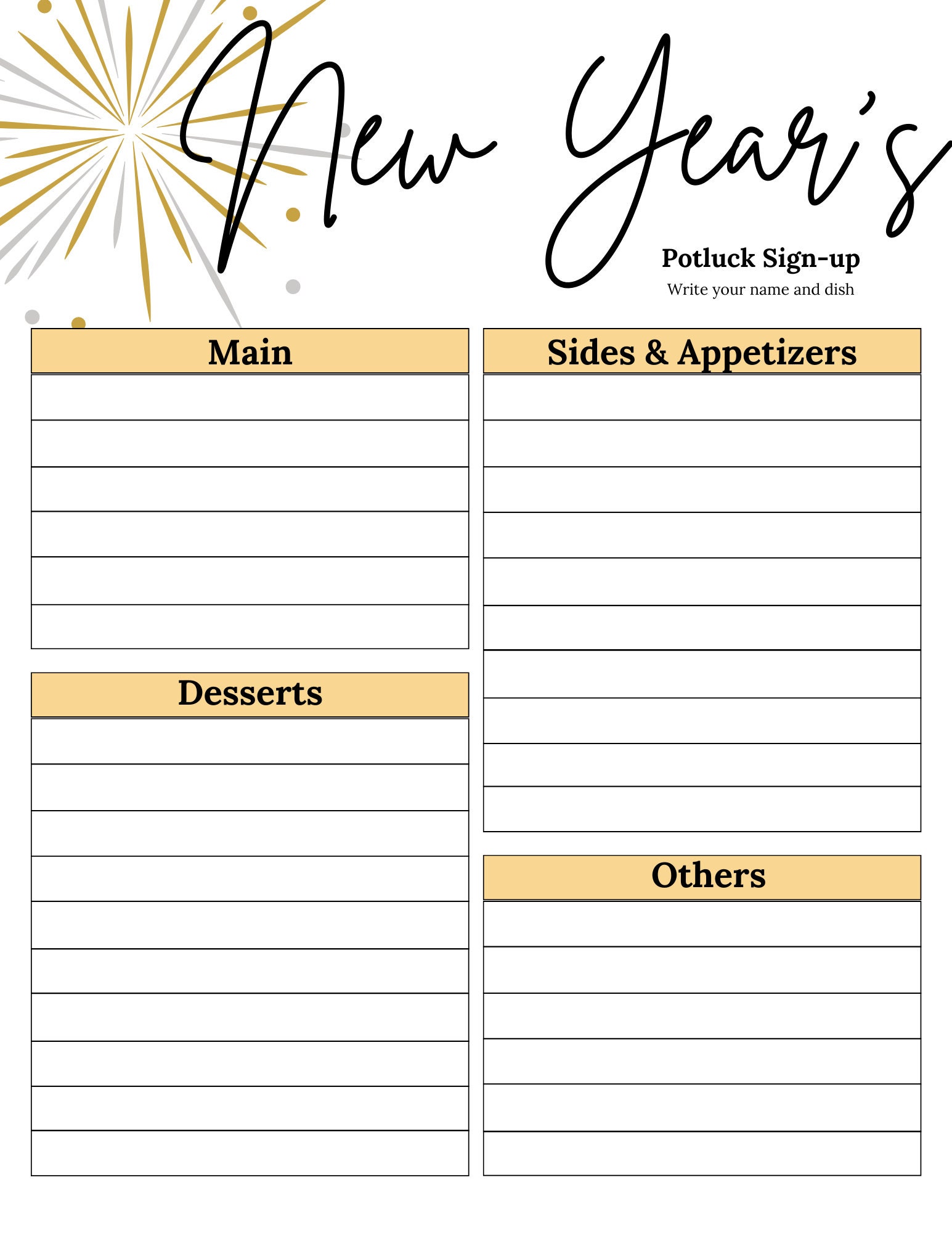 Potluck Sign up Sheet | New Years Potluck Sign up Sheet | New Years Eve ...