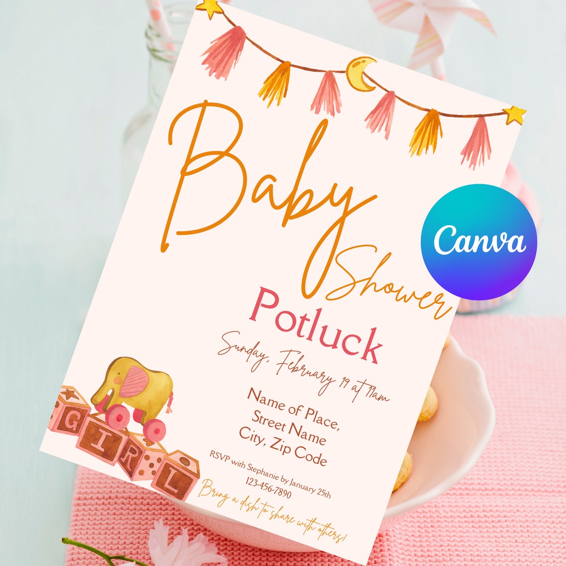 Baby Shower Potluck Invitation Template | Baby Girl Shower Potluck ...
