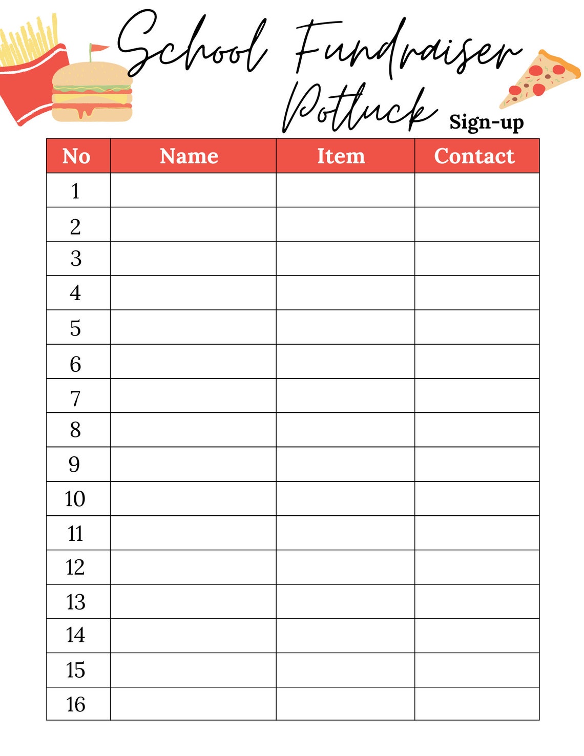 Potluck Sign up Sheet School Fundraiser Potluck Sign up Sheet ...