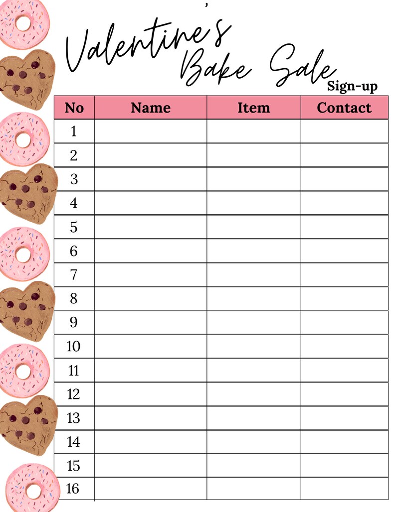 Valentine's Bake Sale Sign up Sheet | Valentines Bake Sale Sheet ...
