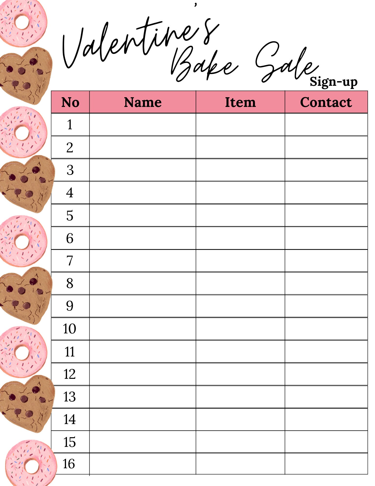 Valentine's Bake Sale Sign up Sheet | Valentines Bake Sale Sheet ...