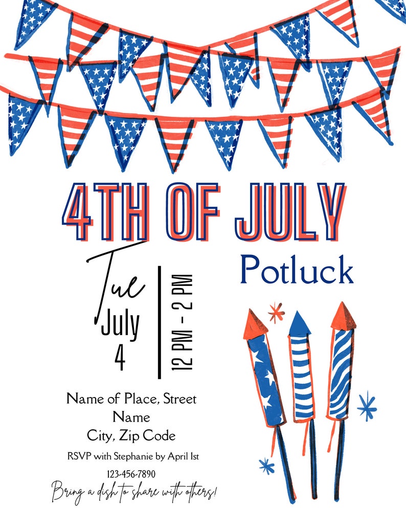 4th of July Potluck Flyer Template | July 4th Potluck 8.5x11 | Fourth ...