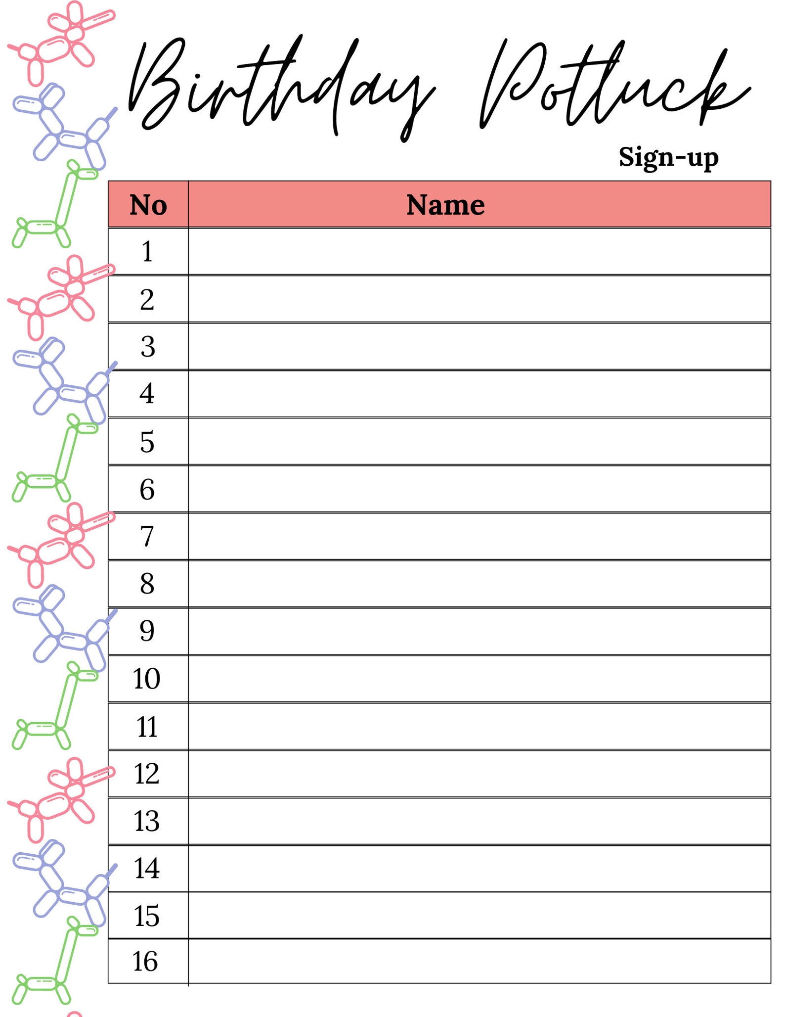 Potluck Sign up Sheet | Birthday Potluck Sign up Sheet | Birthday ...