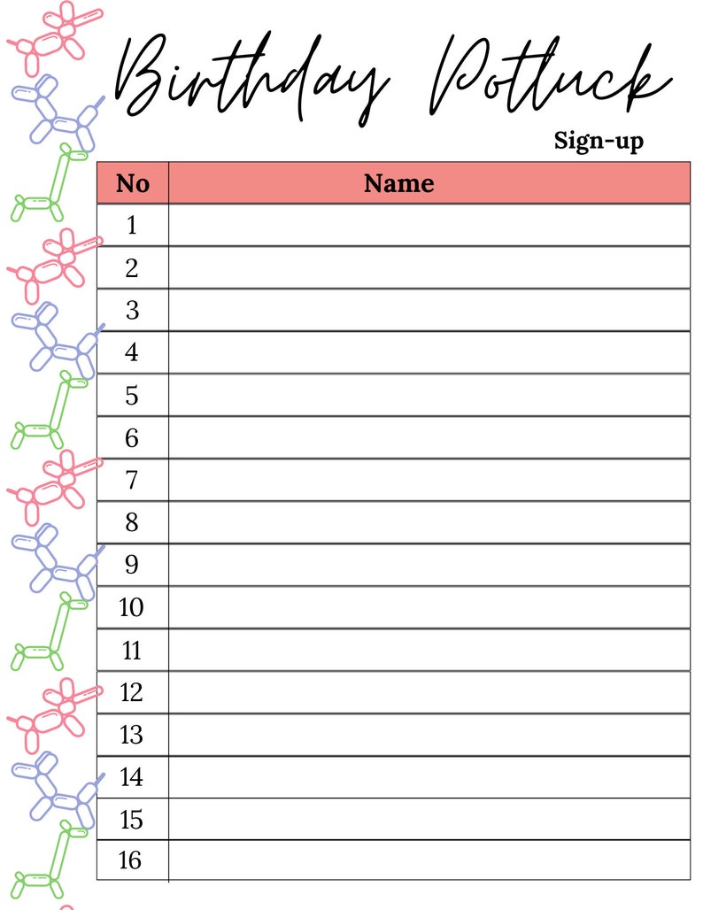 Potluck Sign up Sheet | Birthday Potluck Sign up Sheet | Birthday ...