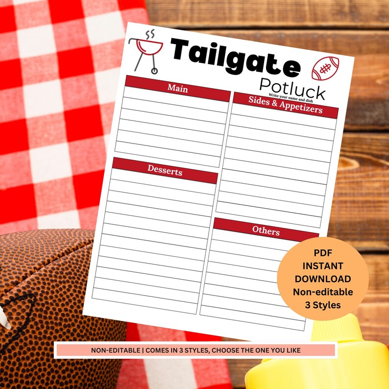 Tailgate Potluck Sign up Sheet | Potluck Sign up Sheet | Football Party ...