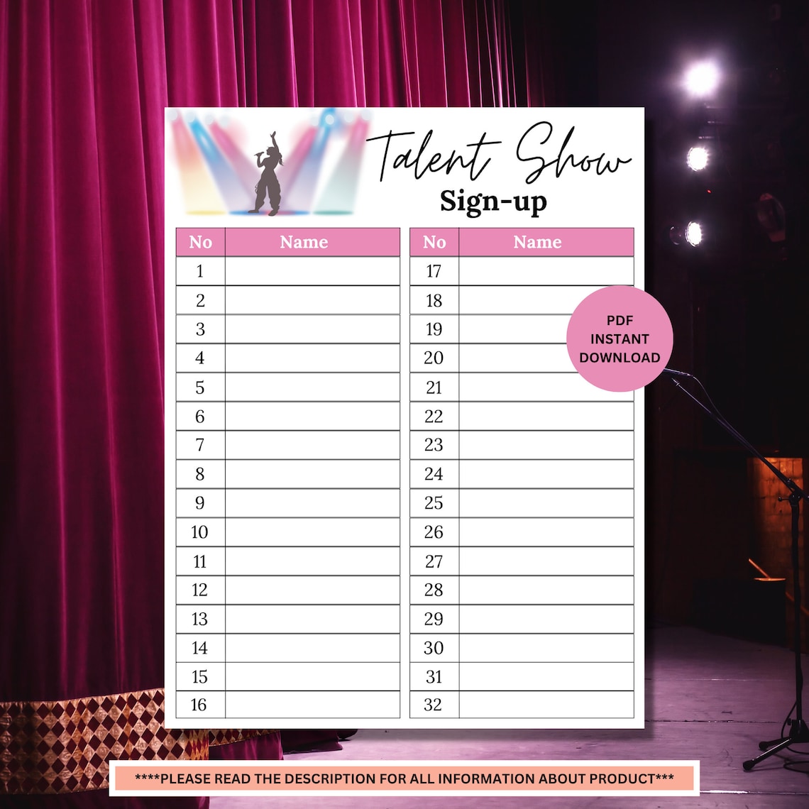 Talent Show Sign up Sheet Talent Show Sheet Printable Talent Show Sign ...