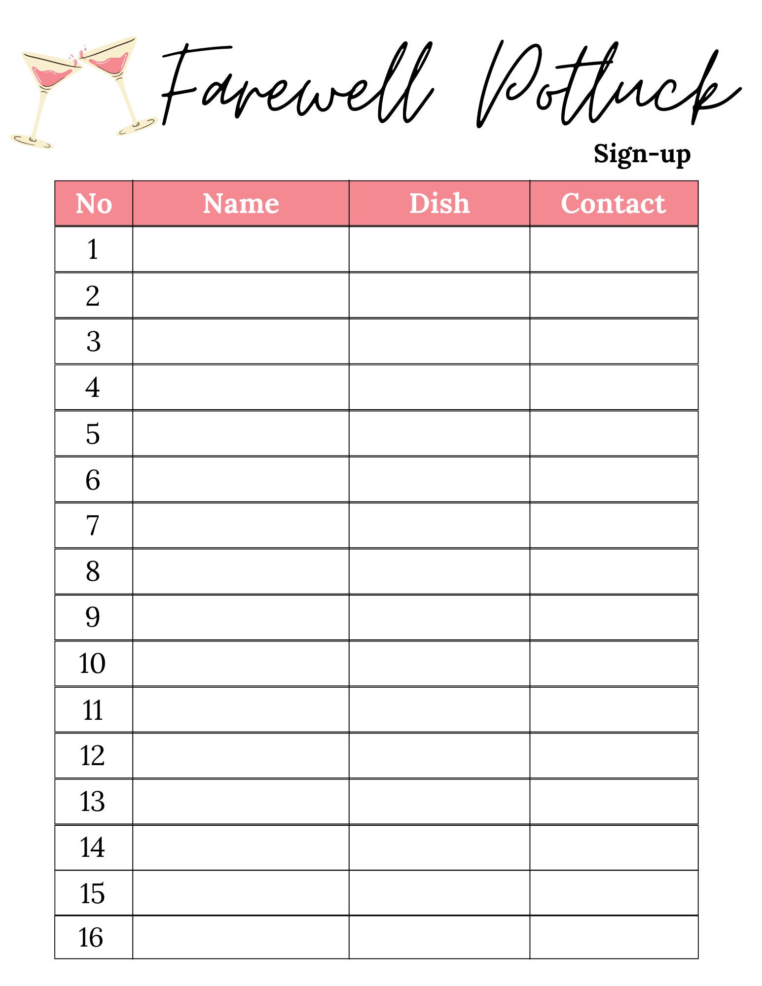 Farewell Potluck Sign up Sheet| Farewell Sign up Sheet |farewell ...