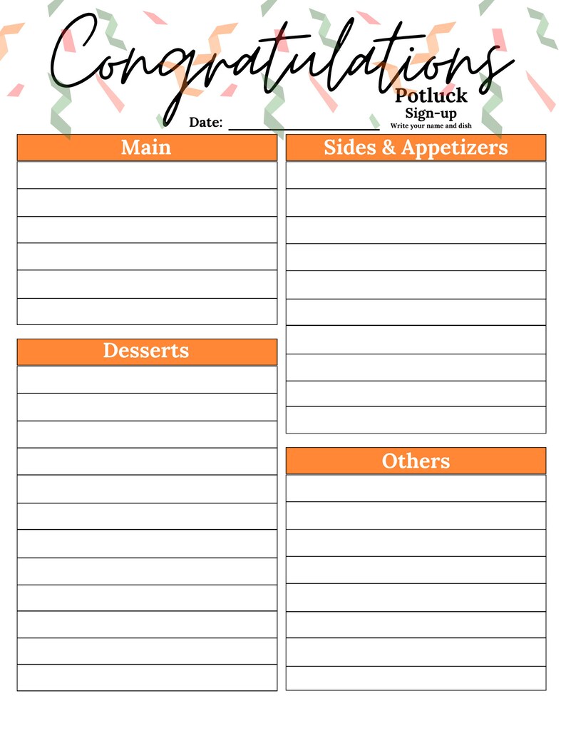 Congratulations Potluck Sign up Sheet Wedding Potluck Sign up Sheet ...