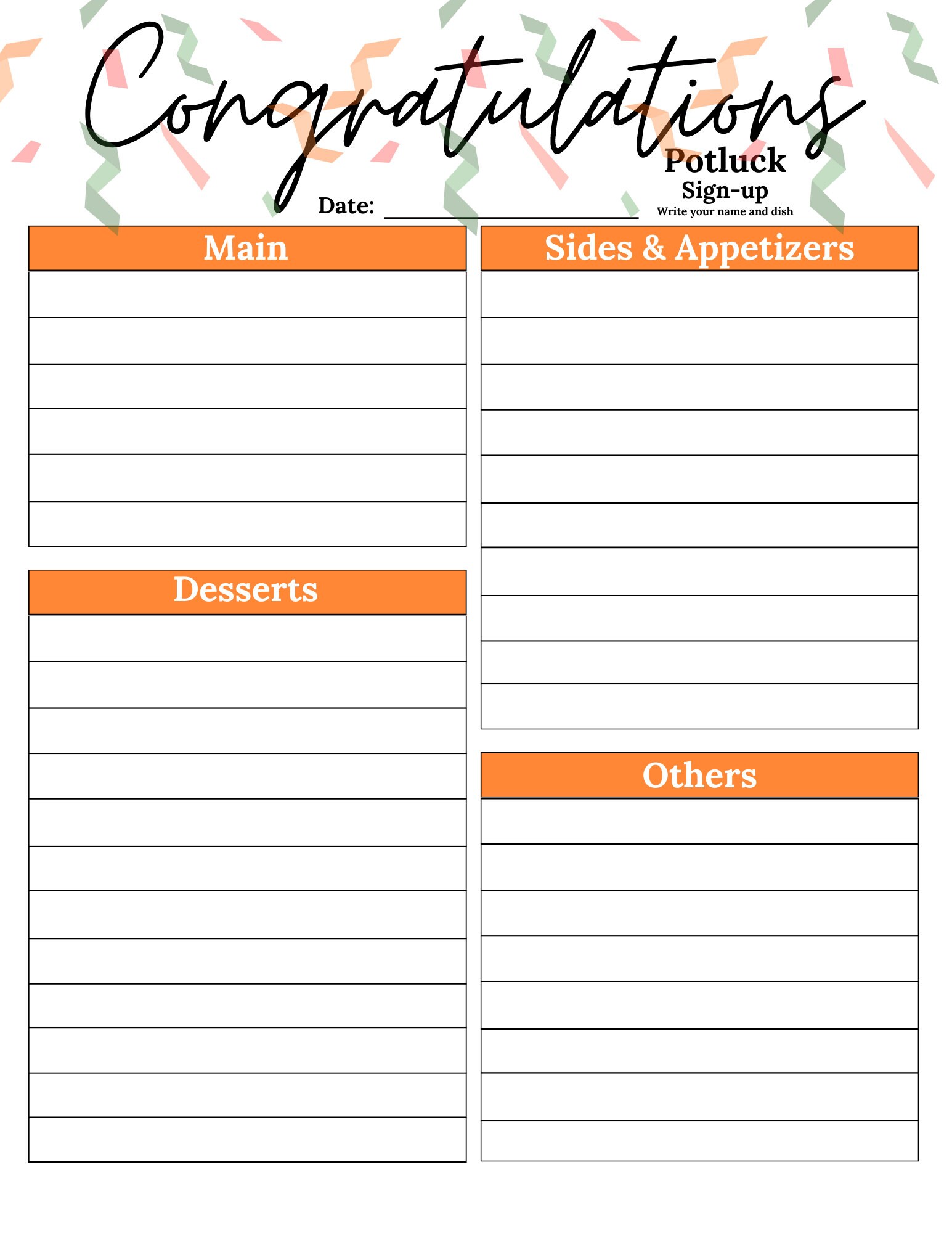Congratulations Potluck Sign up Sheet | Wedding Potluck Sign up Sheet ...