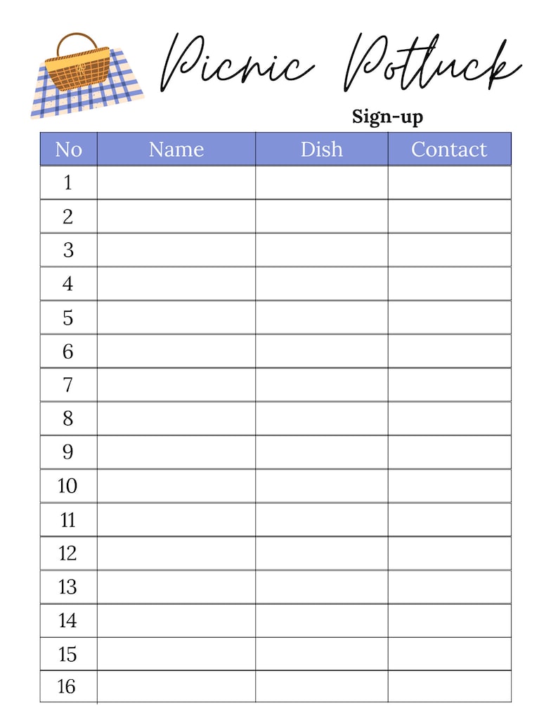 Potluck Sign up Sheet | Picnic Potluck Sign up Sheet | Picnic Potluck ...