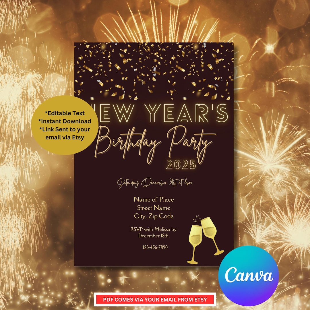 New Years Birthday Invitation Template | New Year Birthday Party Invite ...