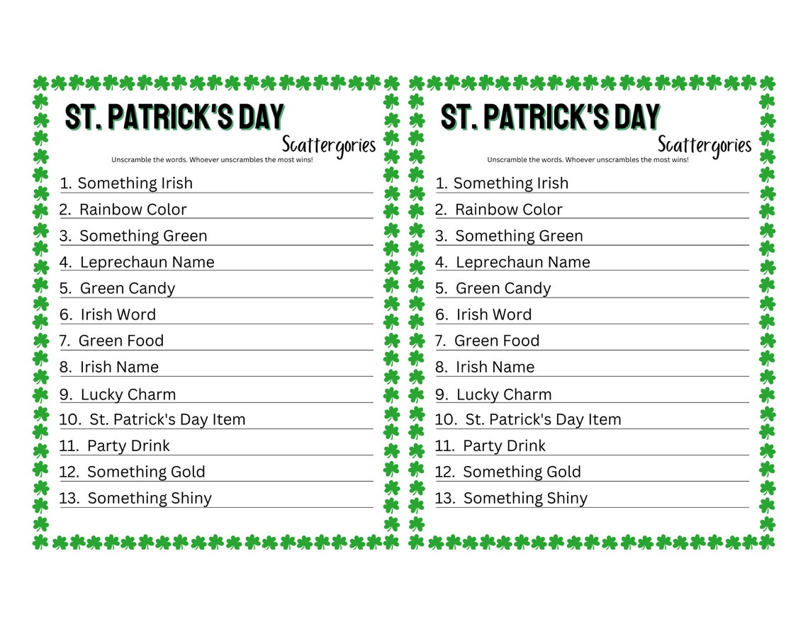 St. Patrick's Day Scattergories St. Patrick's Day Games Family St ...
