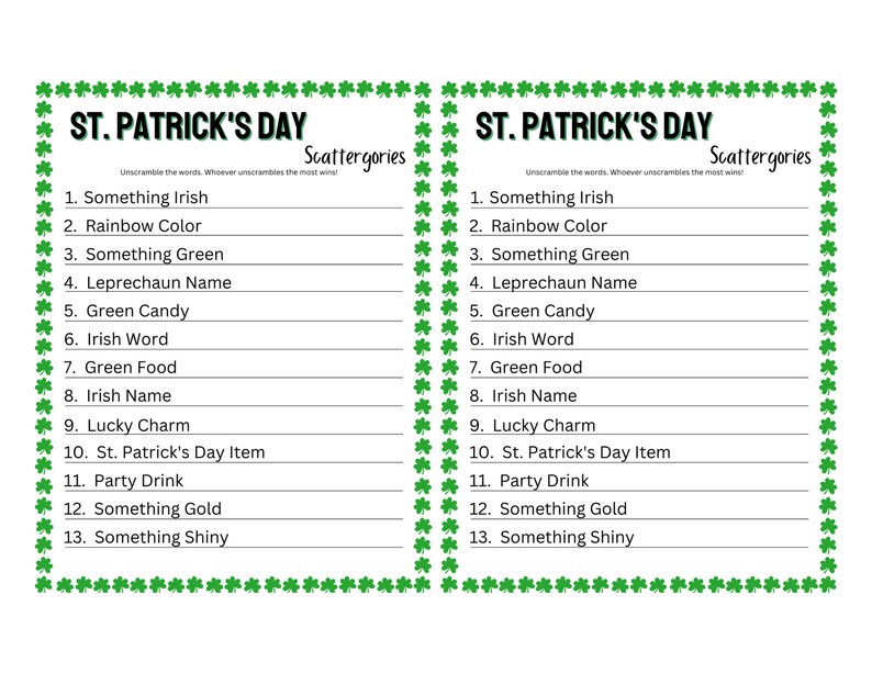 St. Patrick's Day Scattergories St. Patrick's Day Games Family St ...