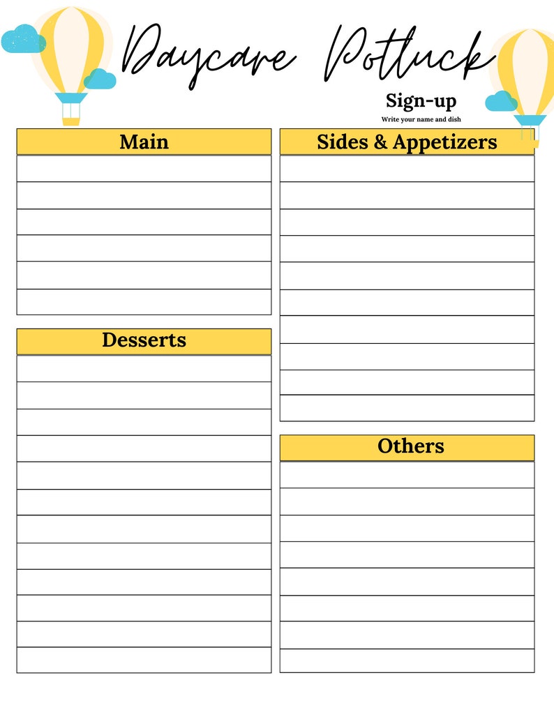 Potluck Sign up Sheet | Daycare Poluck Sign up Sheet | School Potluck ...