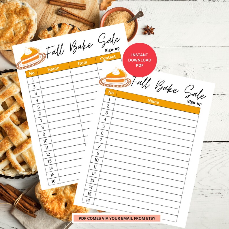 Fall Bake Sale Sign up Sheet | Bake Sale Sheet | Printable Bake Sale ...