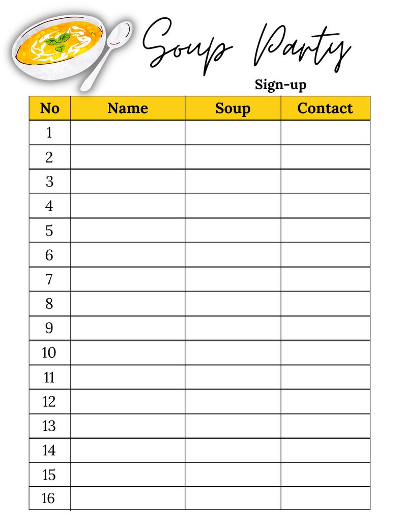 Soup Party Sign-up Sheet | Soup Party Sheet | Soup Cookoff | Friends ...