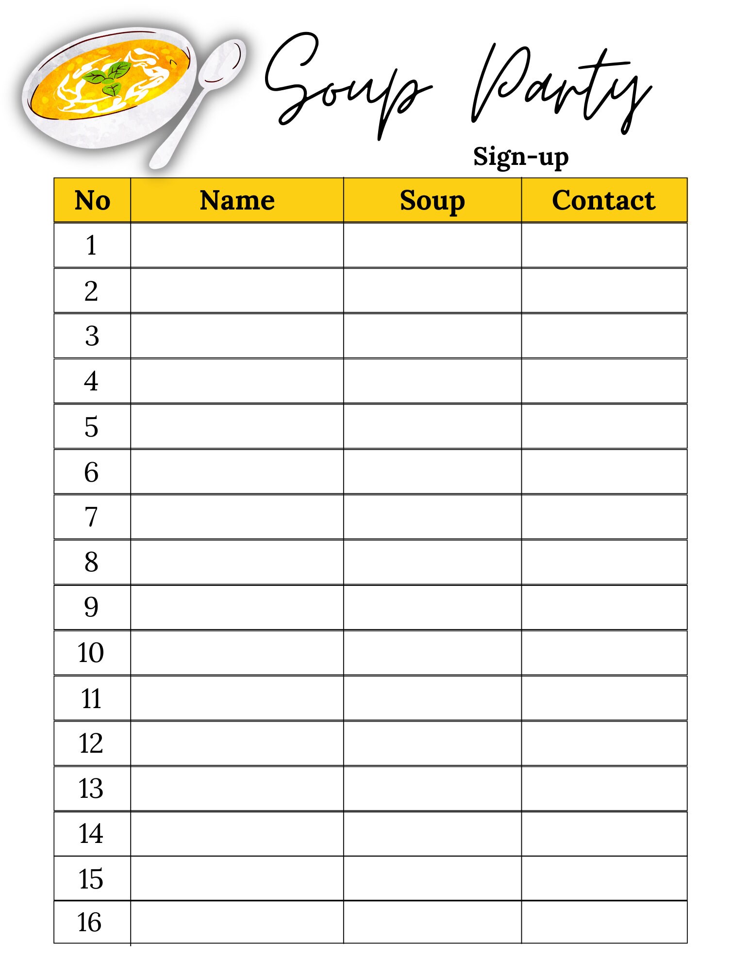 Soup Party Sign-up Sheet | Soup Party Sheet | Soup Cookoff | Friends ...