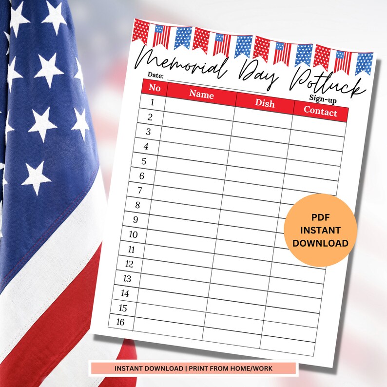 Memorial Day Potluck Sign up Sheet Holiday Potluck Sheet - Etsy