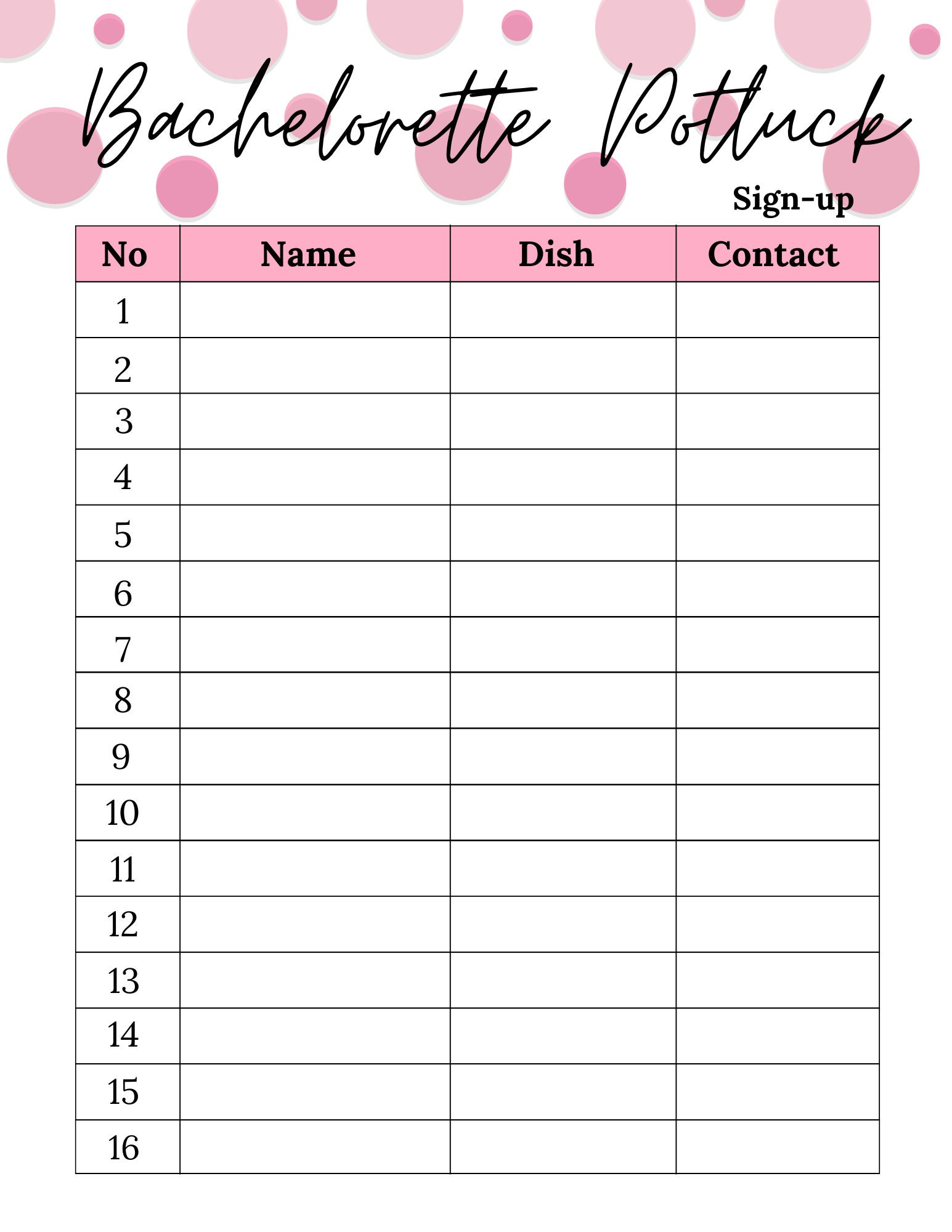 Potluck Sign up Sheet Bachelorette Potluck Sign up Sheet Bachelorette ...