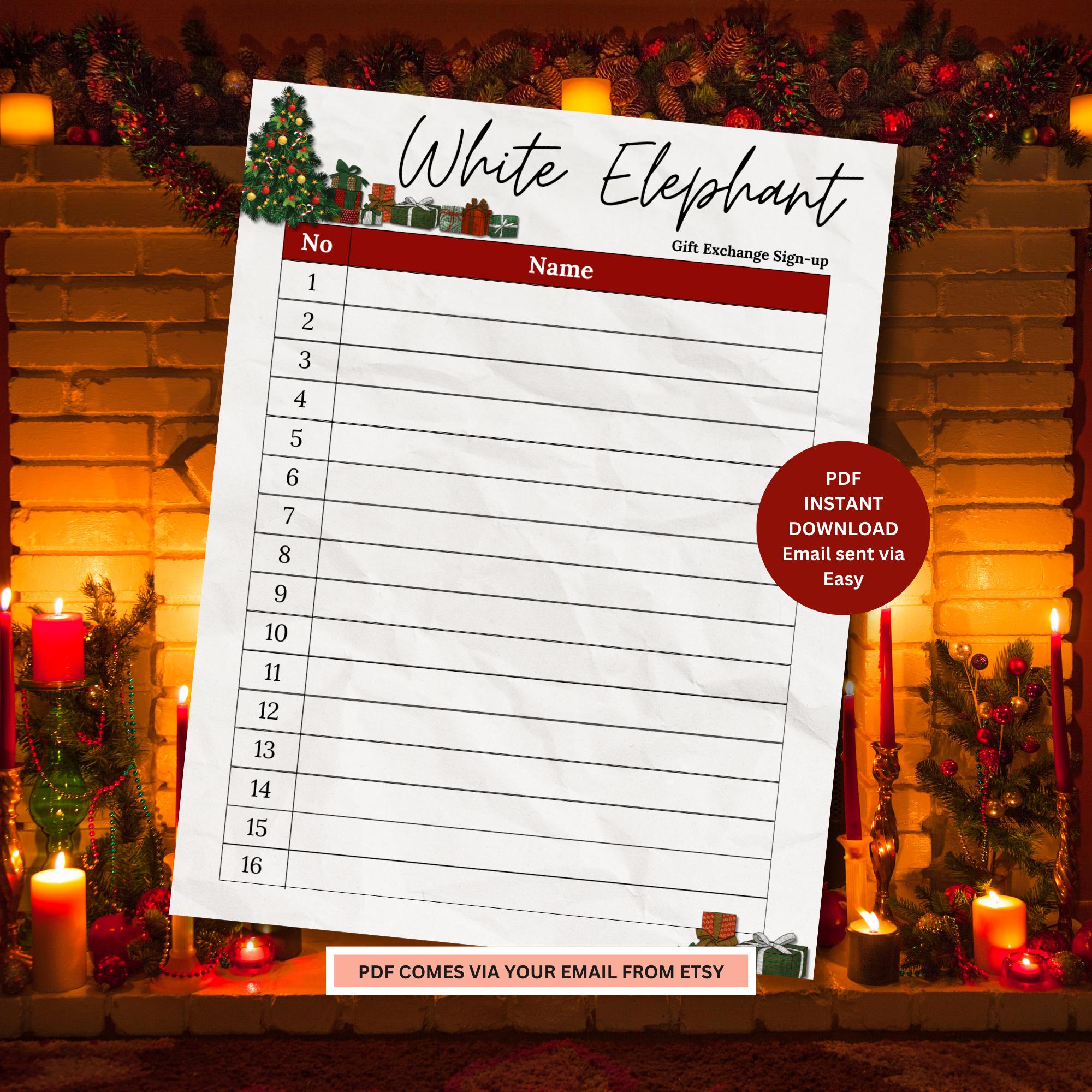 White Elephant Gift Exchange Sign up Sheet | Gift Exchange Sign up ...