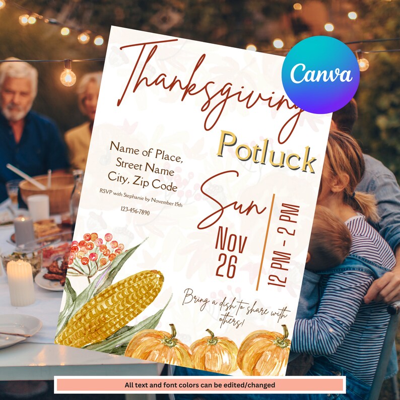 Thanksgiving Potluck Invite Template | Editable Potluck Invitation ...