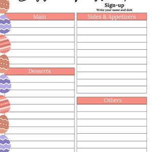 Potluck Sign up Sheet | Easter Potluck Sign up Sheet | Easter Potluck ...