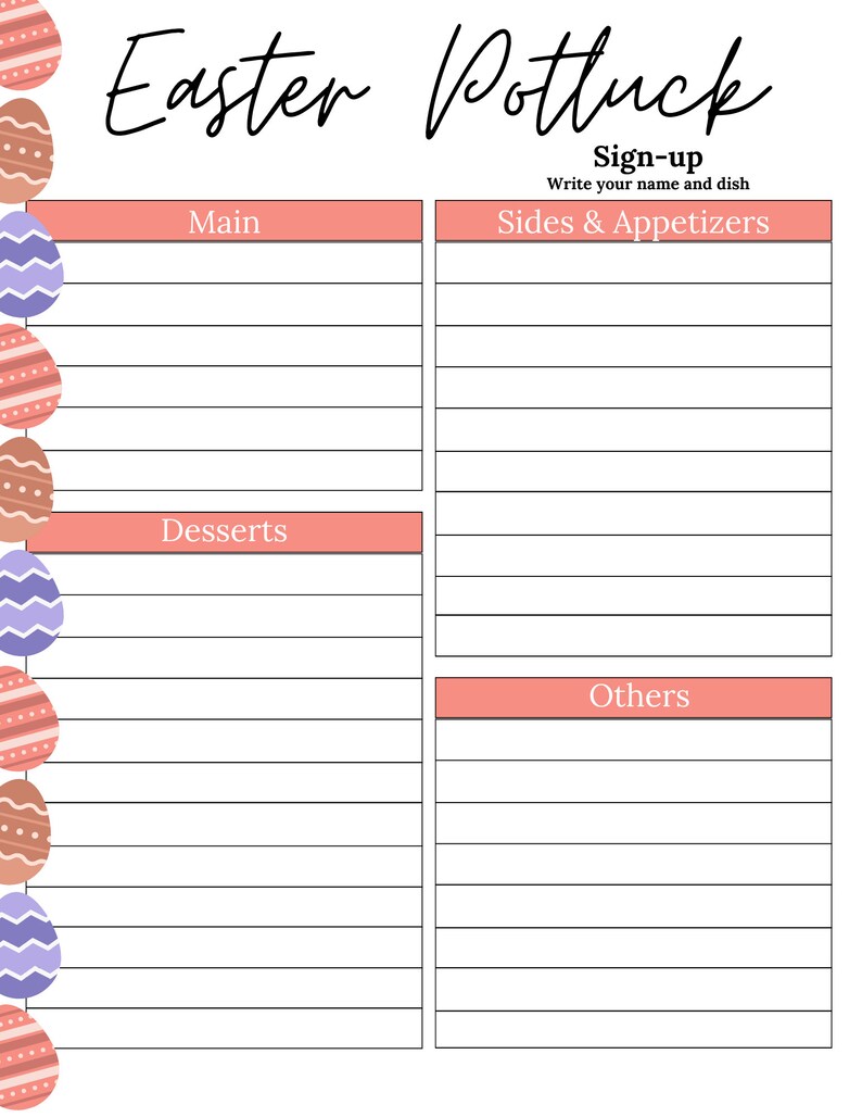 Potluck Sign up Sheet Easter Potluck Sign up Sheet Easter Potluck Sheet ...