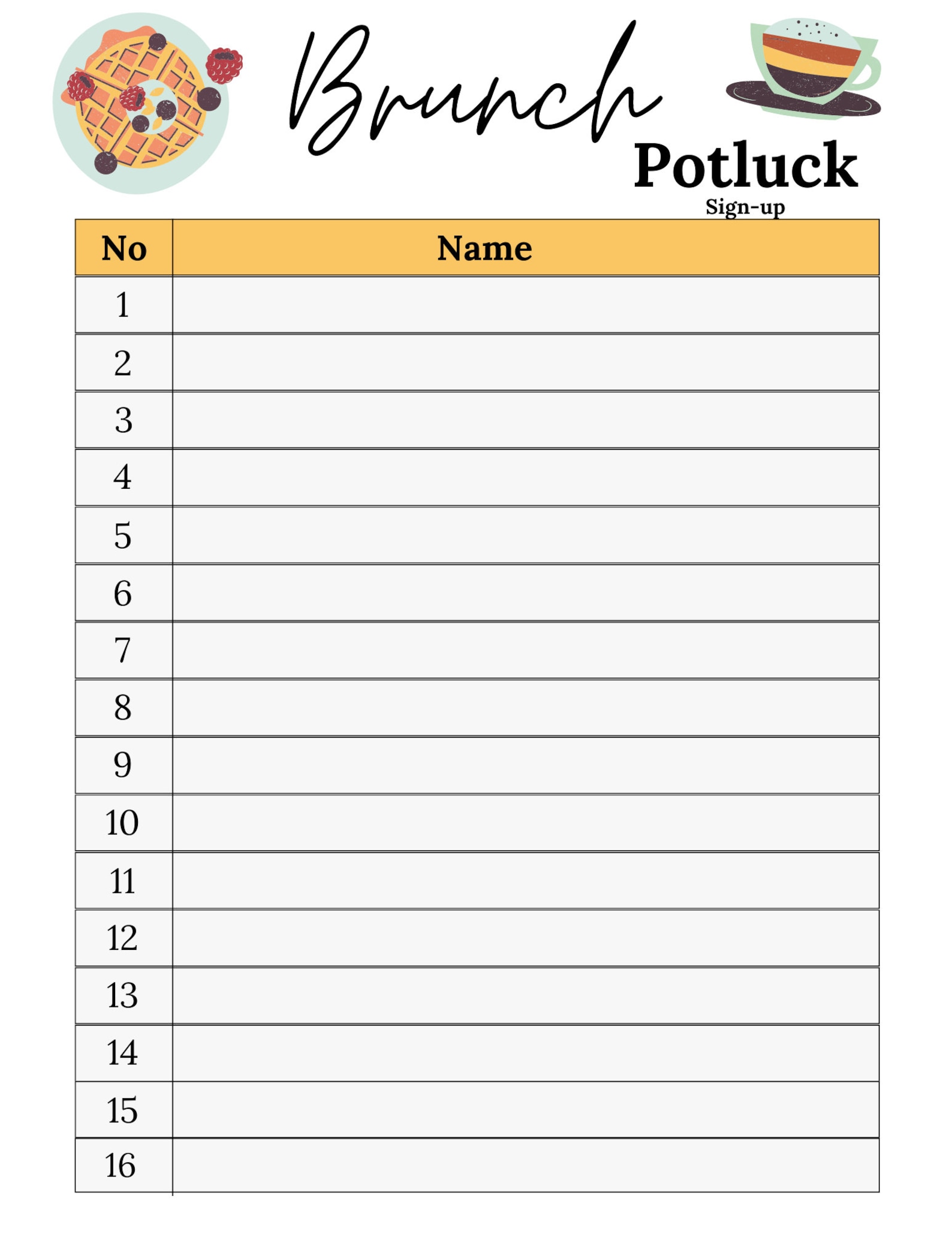 Potluck Sign up Sheet | Brunch Potluck Sign up Sheet | Brunch Potluck ...