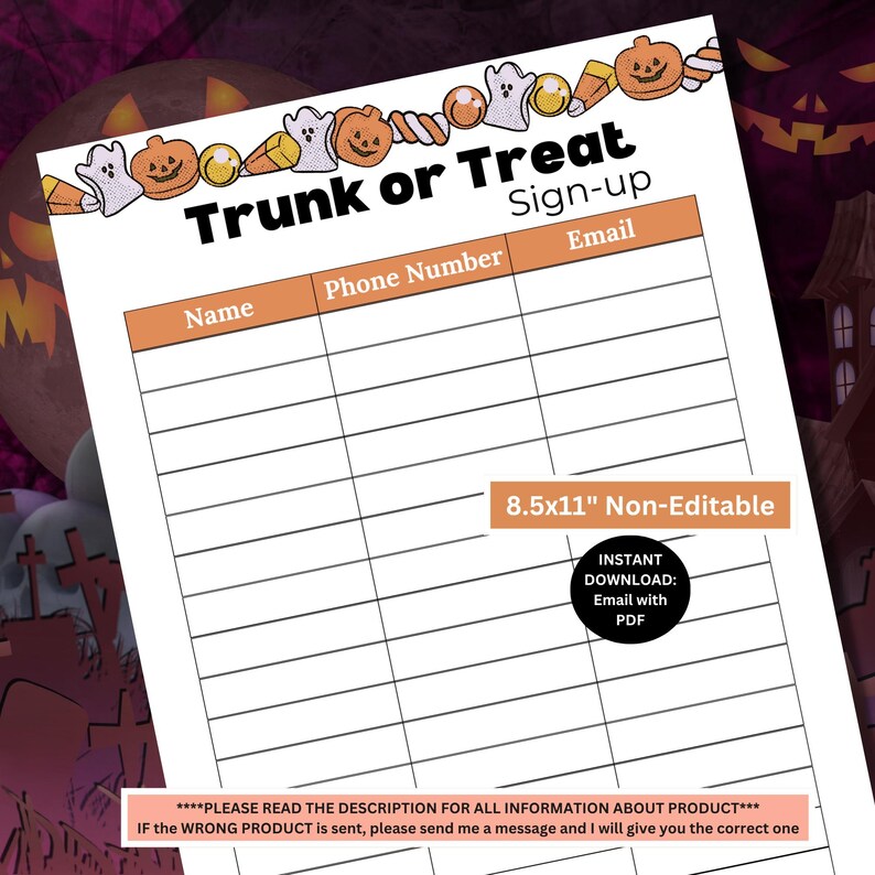 Trunk or Treat Sign up Sheet | Trunk or Treat Party Sheet | Printable ...