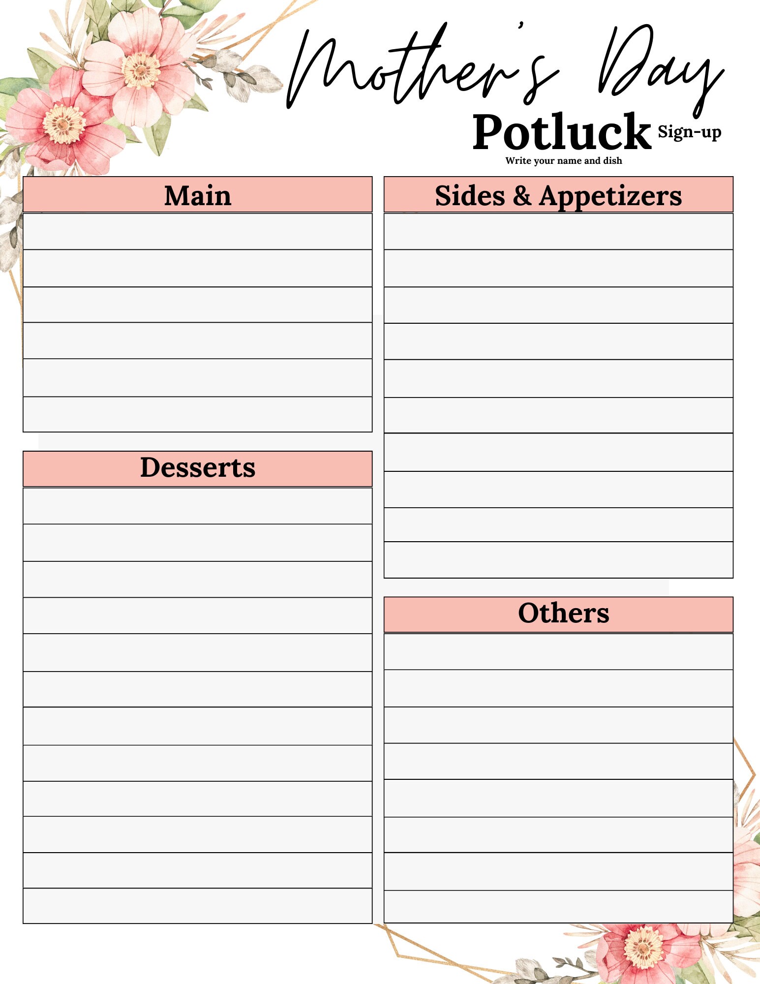 Potluck Sign up Sheet Mother's Day Potluck Sign up Sheet Mother's Day ...