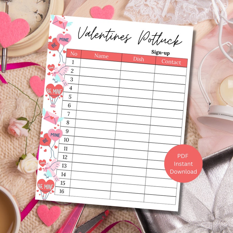 Potluck Sign up Sheet | Valentines Potluck Sign up Sheet | Valentine's ...