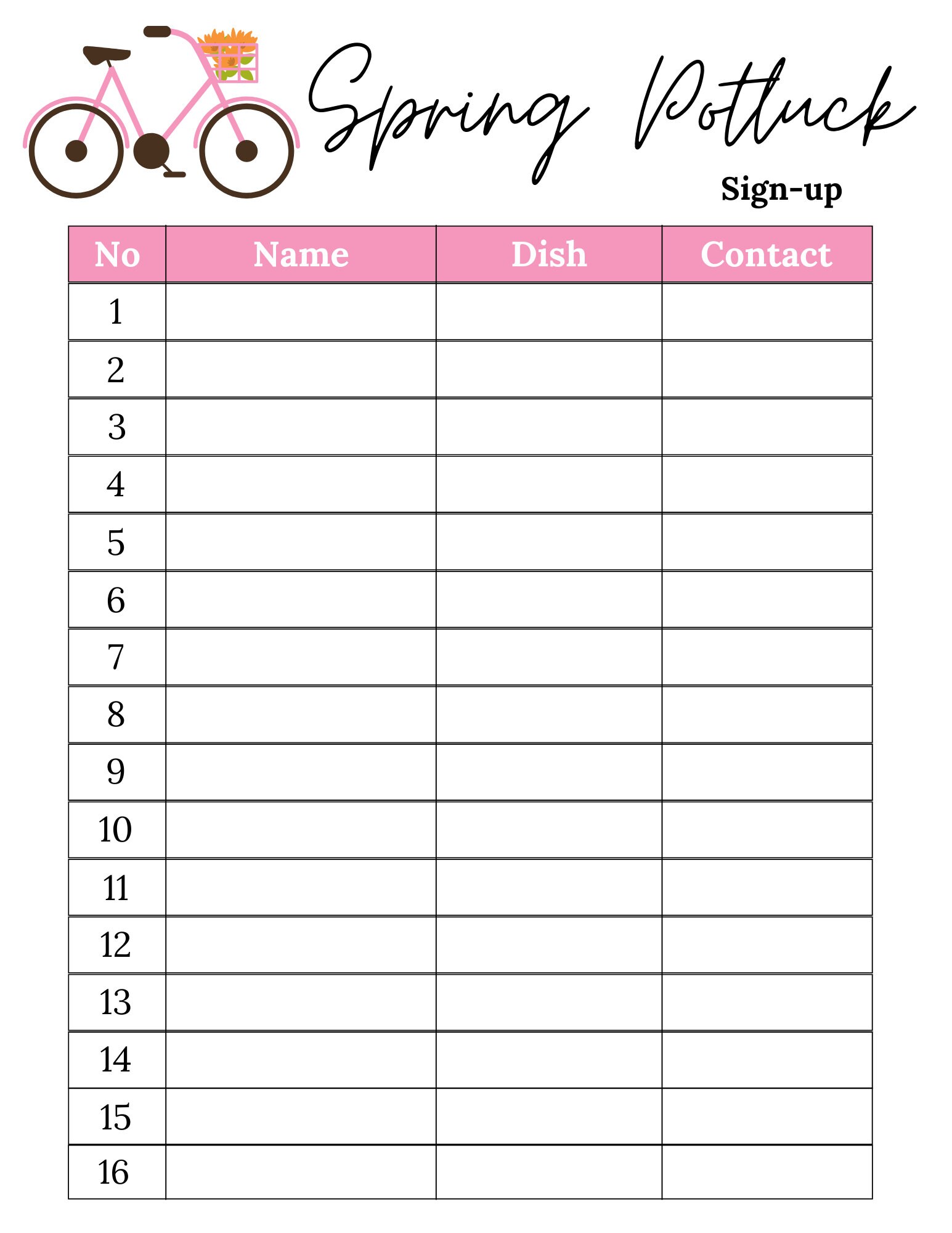 Spring Potluck Sign up Sheet | Spring Potluck Sheet | Spring Potluck ...