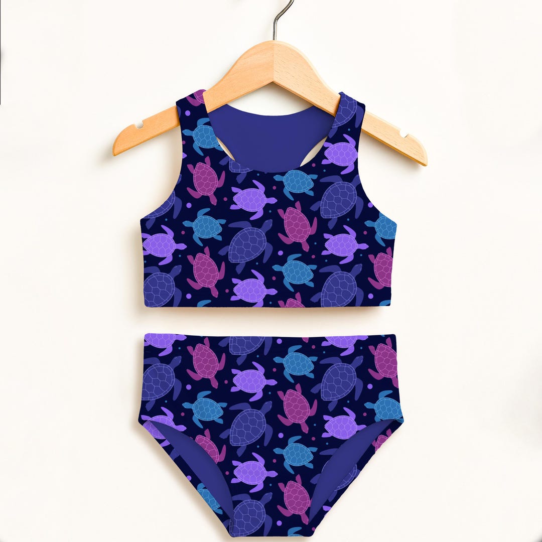 Girls Purple Turtle High Waisted Two Piece Swimsuit – Double Layered ...
