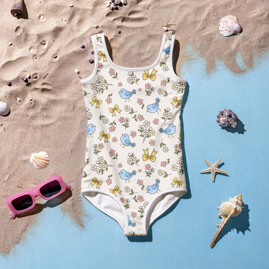 Girls Blue Bird Floral Swimsuit, Cute Spring One Piece, Pastel Flower ...