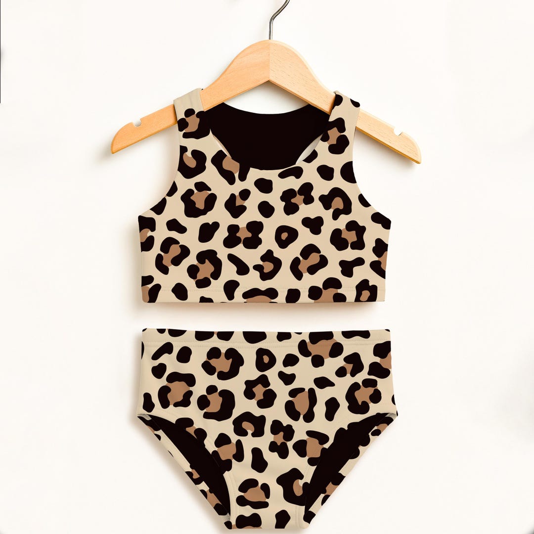 Girls Leopard Print High-waisted Two Piece Swimsuit With Double Layered ...