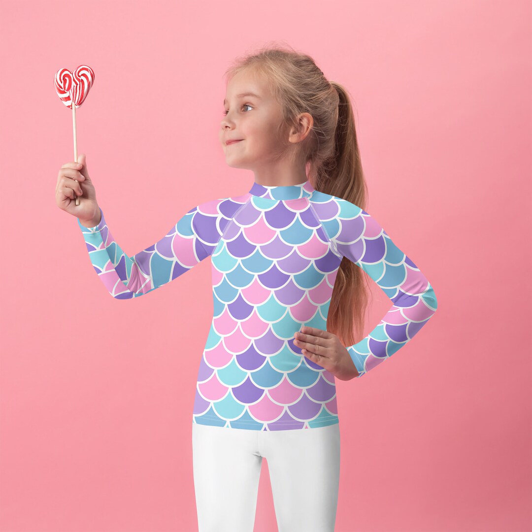 Girls Pink, Purple and Blue Mermaid Rash Guard UPF 50 UV Sun Protection ...