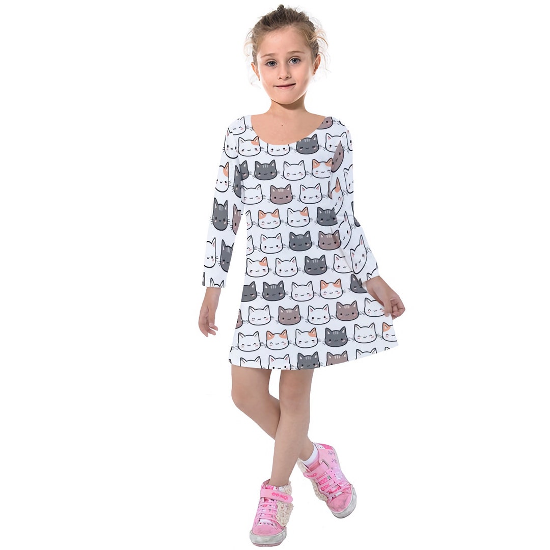 Girls Cat Face Velvet Dress Warm Long Sleeve Cute Cat Lovers Dress ...