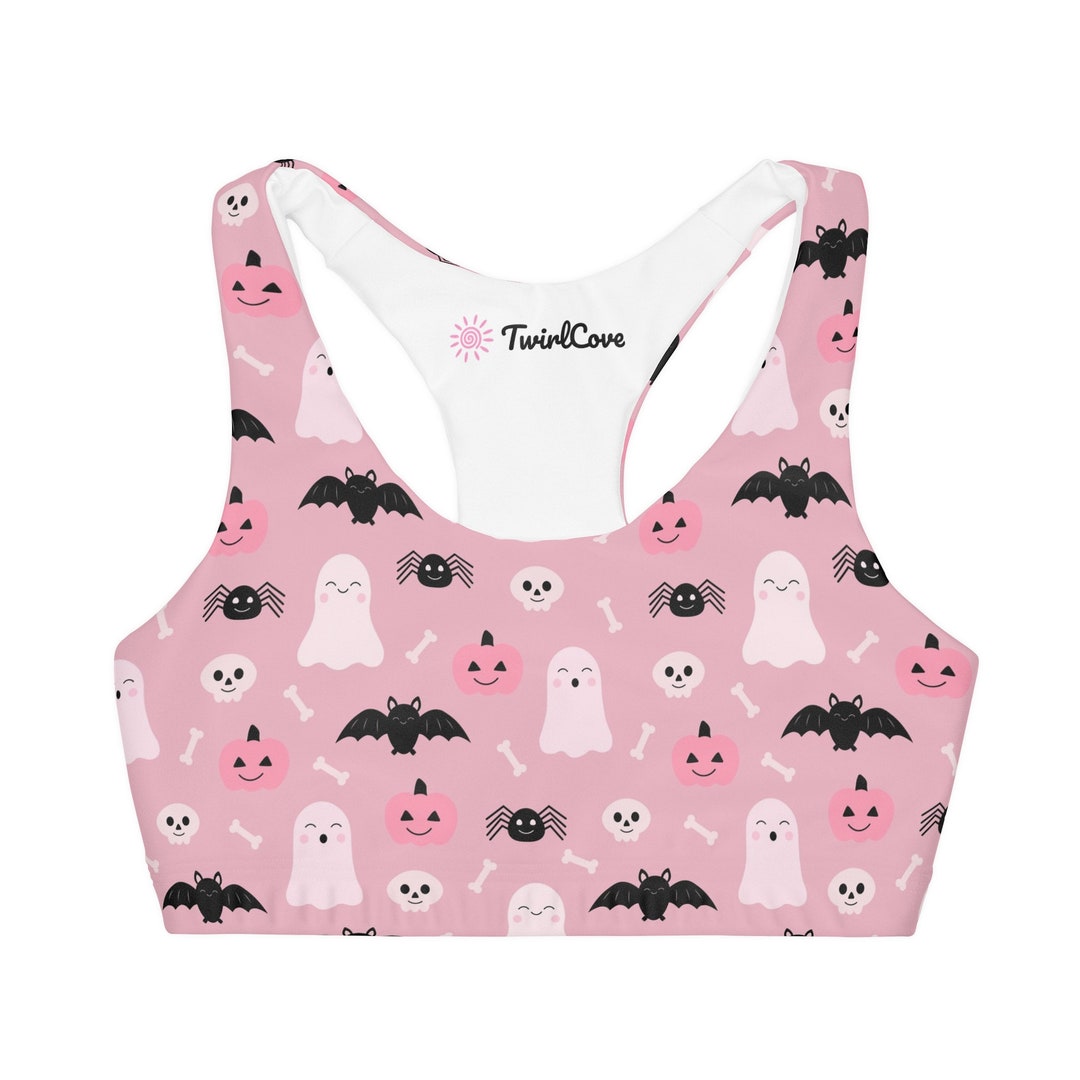 Girls Cute Ghost and Bats Pink Halloween Sports Bra Cheer & Dancewear ...