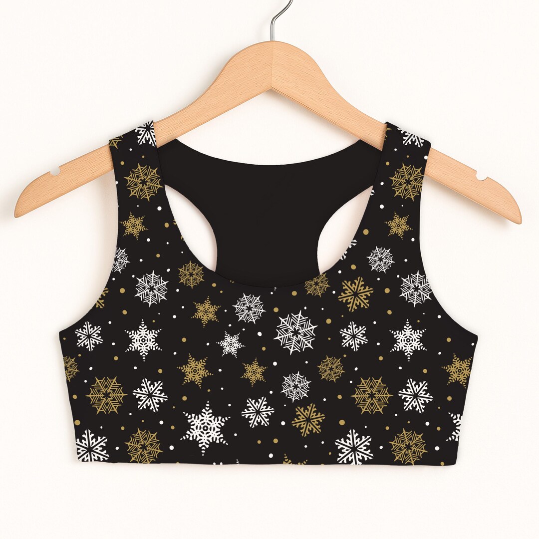 Girls' Snowflake Sports Bra: Black & Gold Holiday Activewear - Etsy